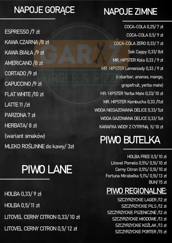 Menu - Garaż Burger & Pizza